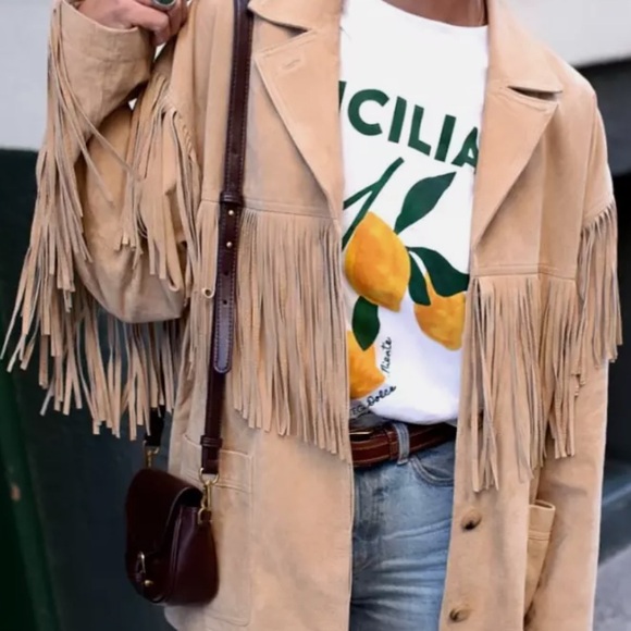 Zara | Jackets & Coats | Zara Sand Fringed Leather Jacket | Poshmark